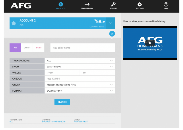 Internet Banking transaction history - AFG Home Loans